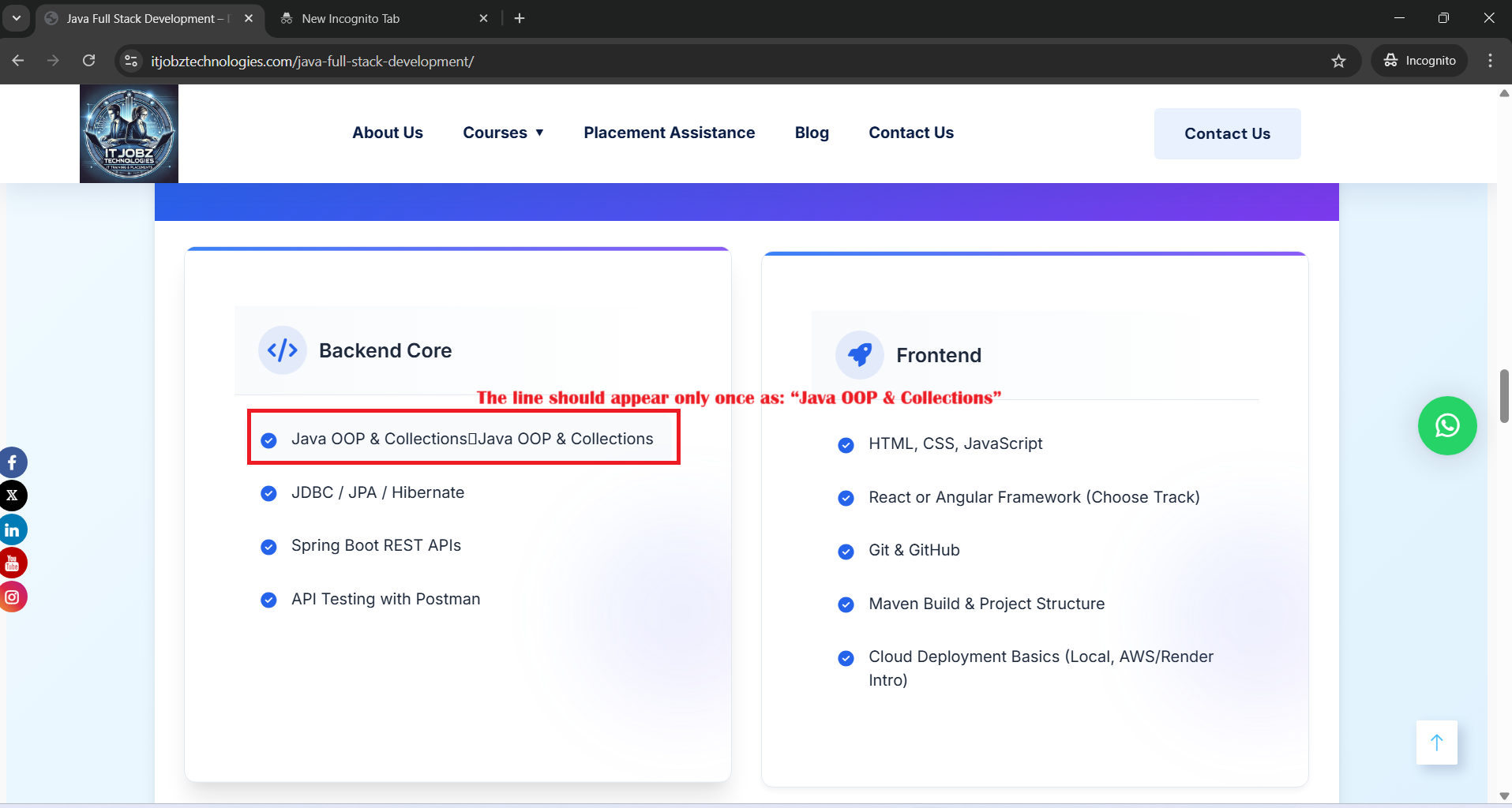 Bug #1692: Courses drop down – Programming & Development (Java Full Stack Development) page ...